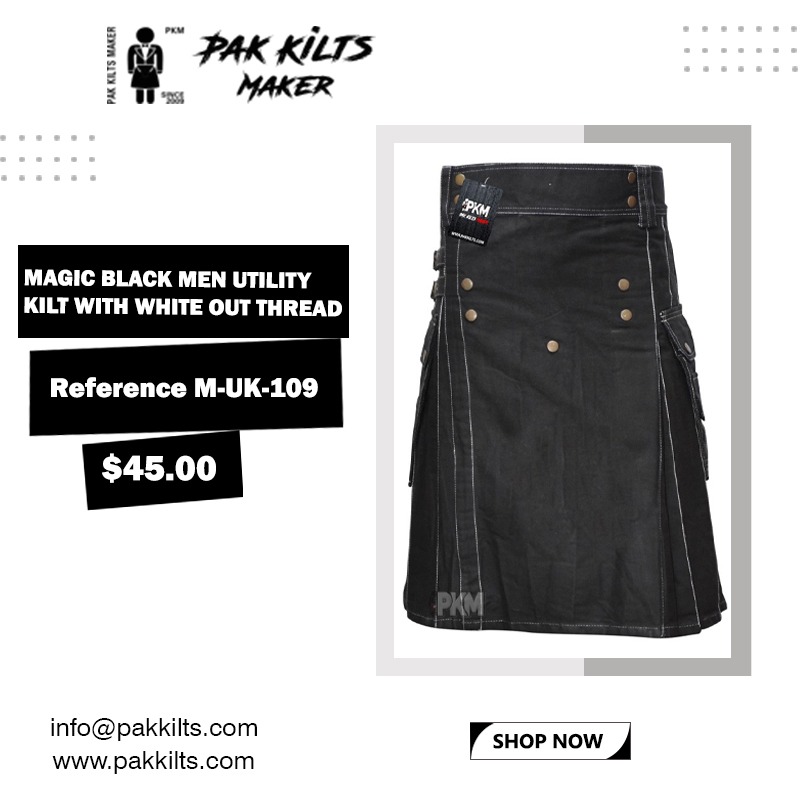 MAGIC BLACK MEN UTILITY KILT WITH WHITE OUT THREAD - Pak Kilts Maker